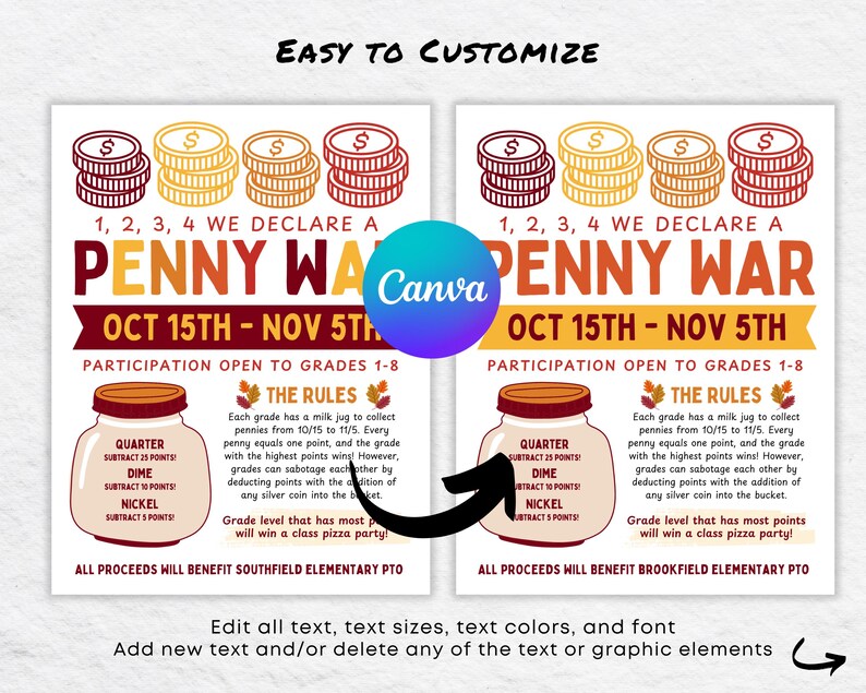 Fall Themed Penny War Flyer Editable Template, Coin Drive Fundraiser ...