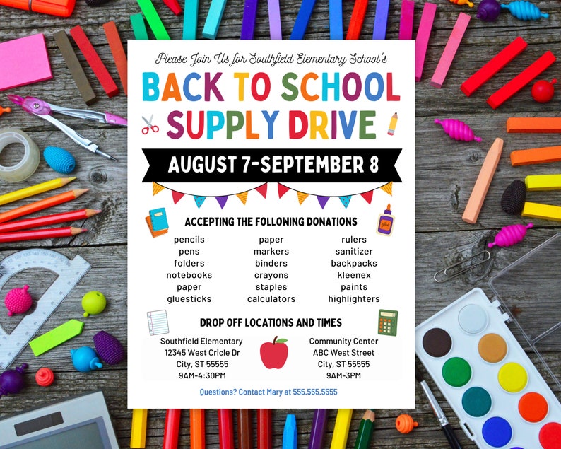 Supply Drive Flyer Template, Editable Back to School Supplies ...