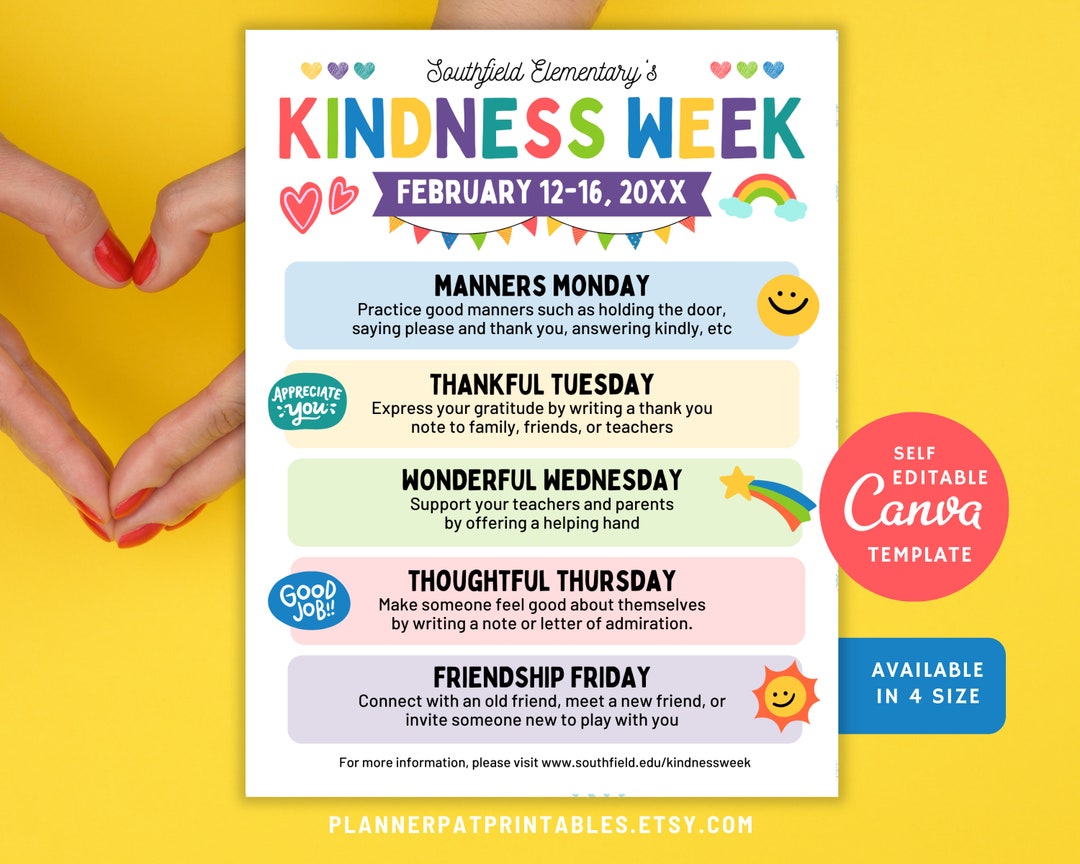Editable Kindness Week Flyer Template, School Spirit Itinerary (canva ...