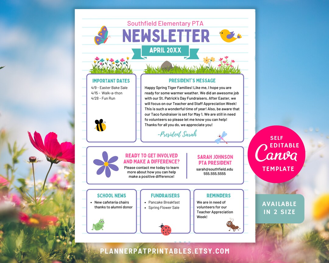 Editable April Newsletter Template, Spring PTO PTA School News, Canva ...