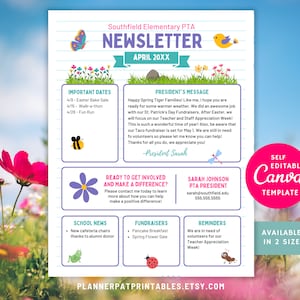 Editable April Newsletter Template, Spring PTO PTA School News, Canva ...