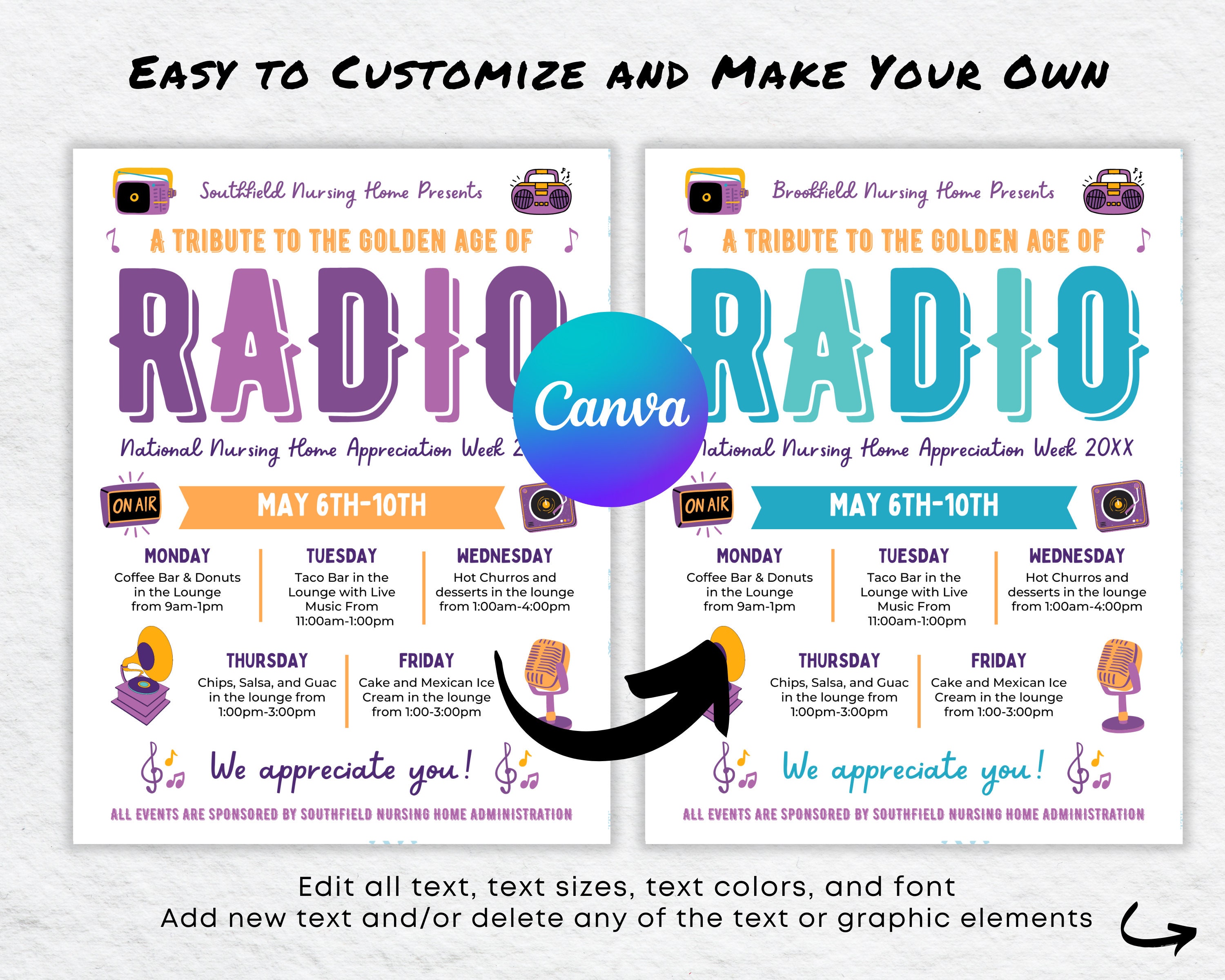 Editable Radio Theme Nursing Home Appreciation Itinerary Flyer Canva ...