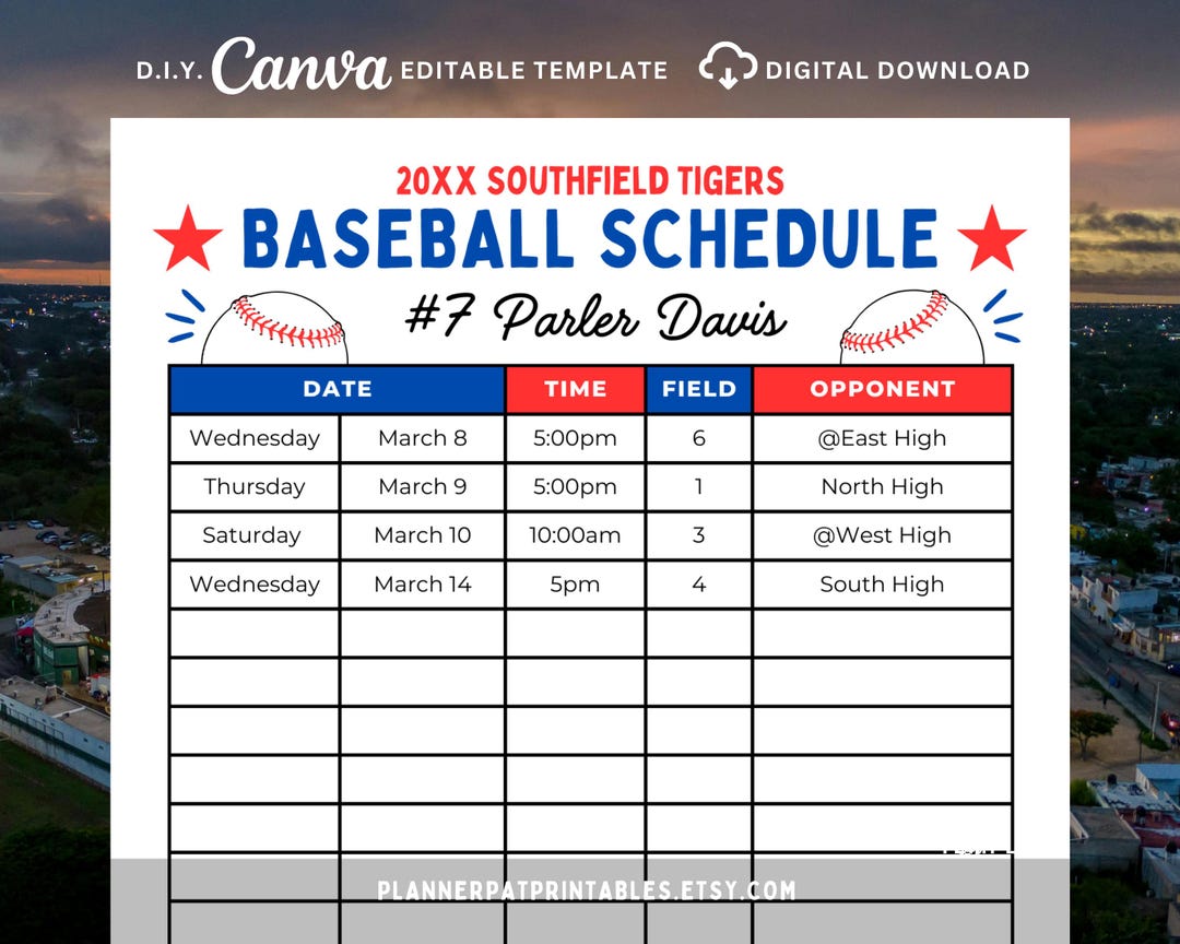 Editable Baseball Schedule Template | Canva Sports Game Calendar ...