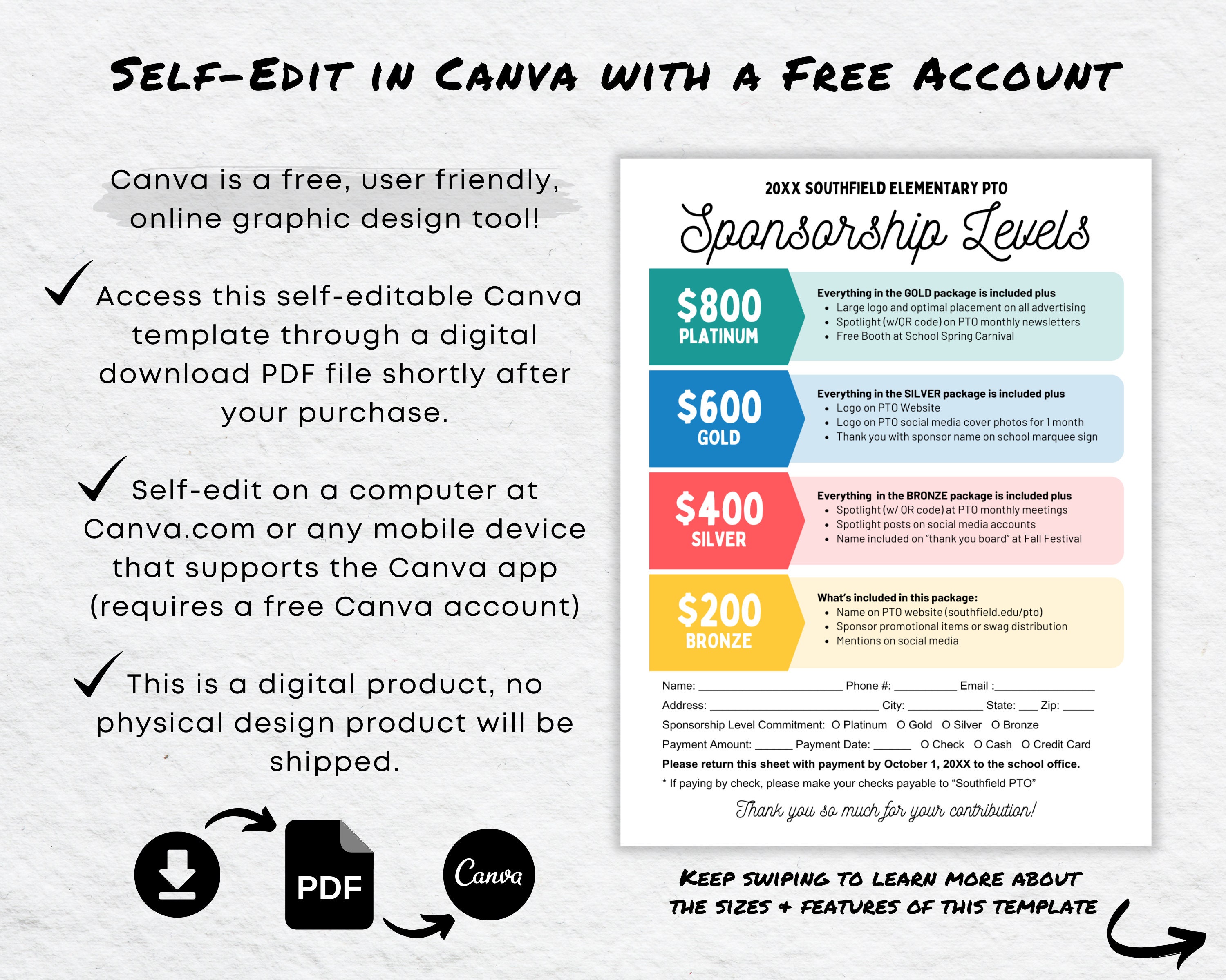 PTO PTA Sponsorship Levels Form Editable Template, Non-profit Form ...