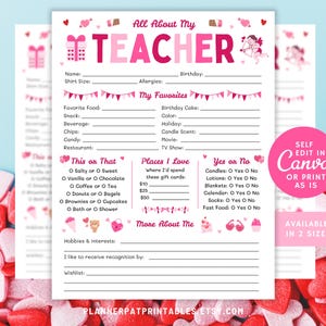 Valentine's Themed All About My Teacher Printable, Favorite Things ...