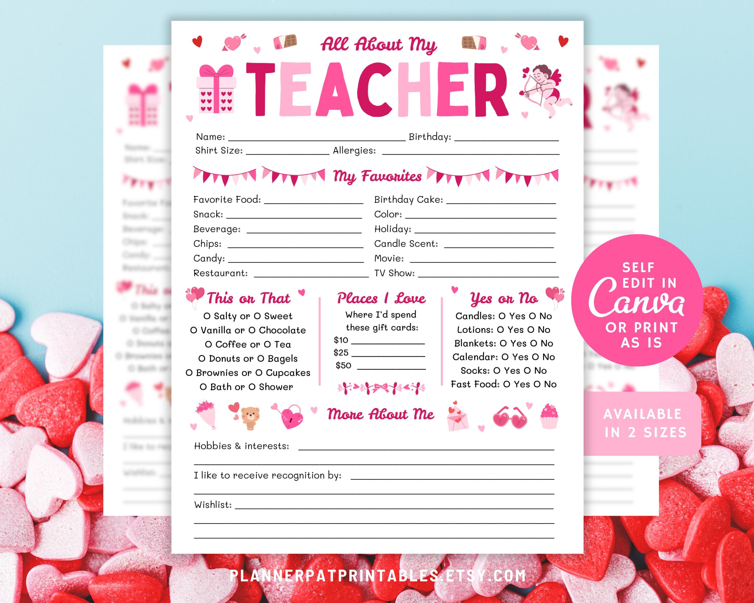 Valentine's Themed All About My Teacher Printable, Favorite Things ...
