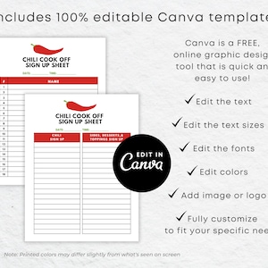 Editable Chili Cook off Sign up Sheet Printable for Community Chili ...