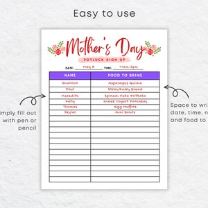 Mother's Day Potluck Sign-up Sheet: Printable Party List (canva ...
