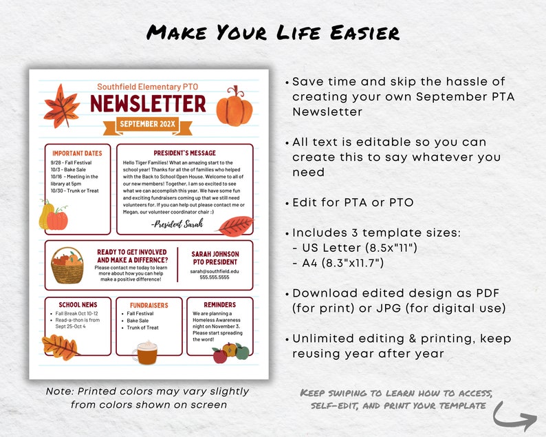 Editable PTA PTO September Newsletter Template Printable, Edit in Canva ...