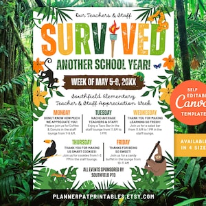 Editable Jungle Teacher Appreciation Week Itinerary Flyer (canva ...