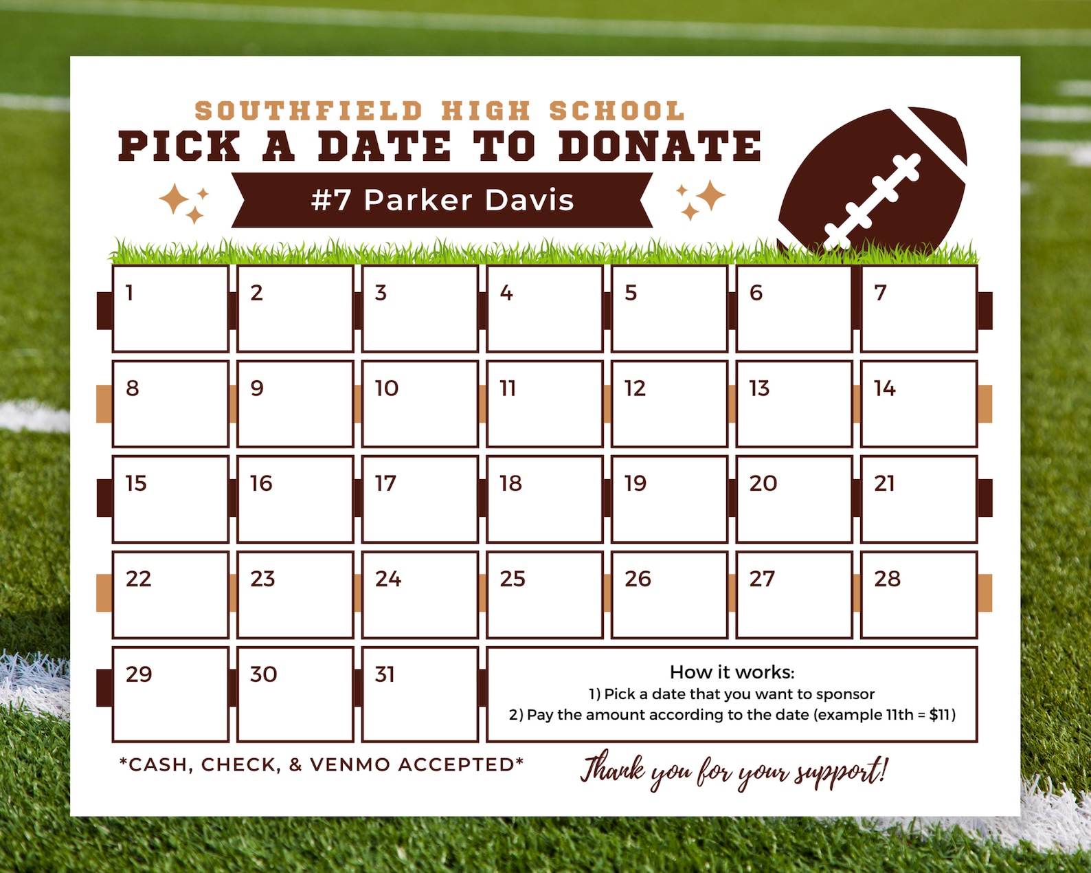 Editable Football Donation Calendar | Pick a Date to Donate Fundraiser ...