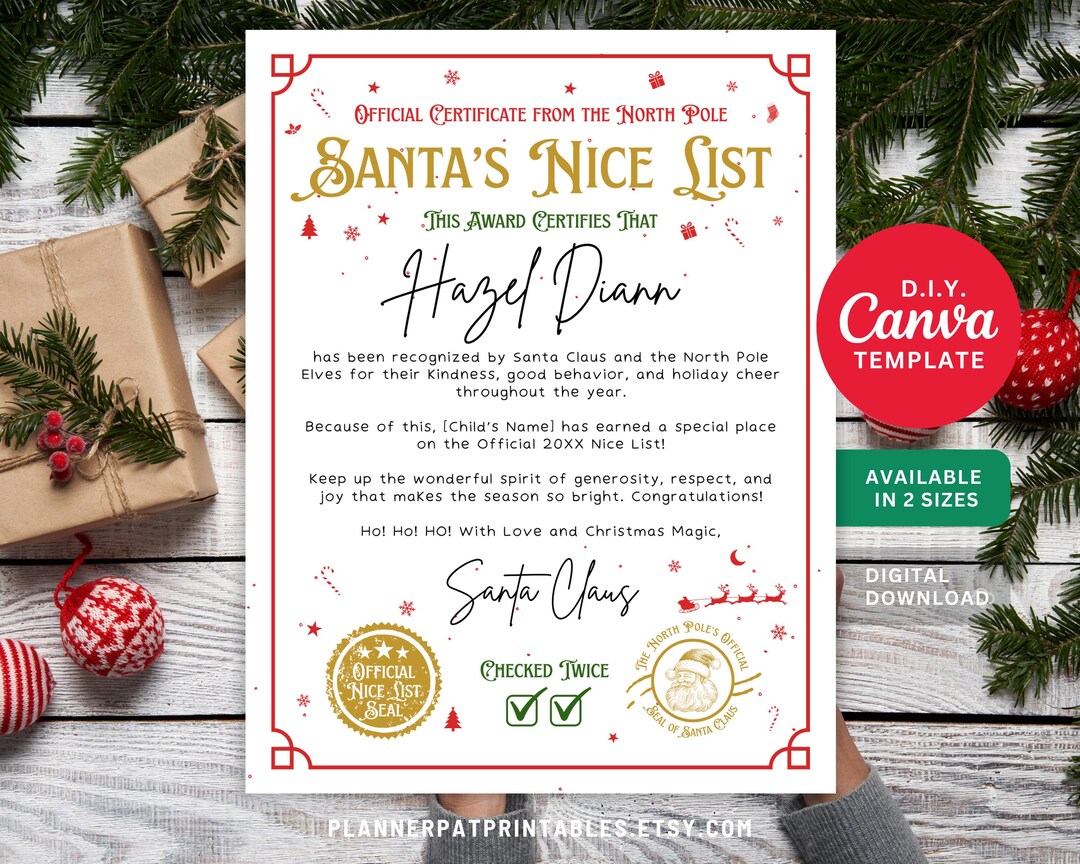 Santa Nice List Certificate: Editable Christmas Printable (canva ...