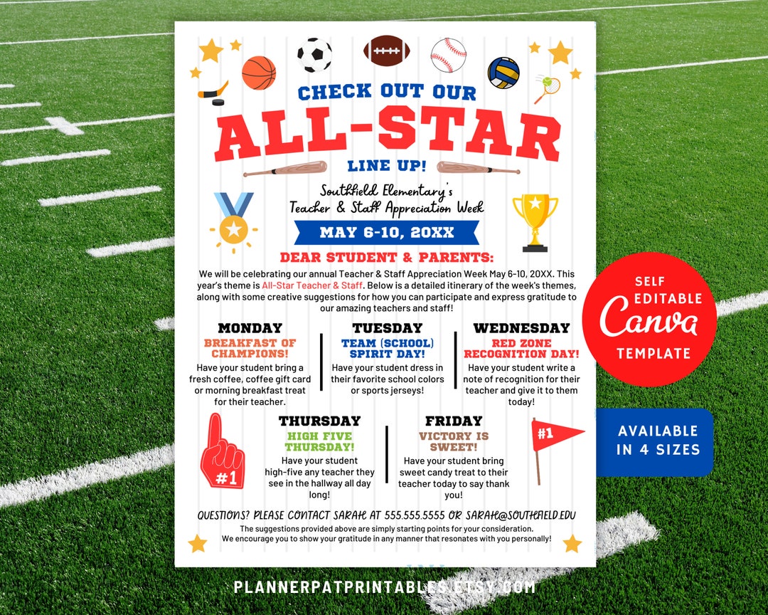 Editable Sports All Star Theme Parent Newsletter Itinerary Flyer for ...