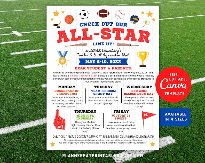 Editable Sports All Star Theme Parent Newsletter Itinerary Flyer for ...