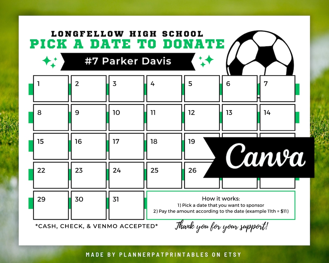 Editable Soccer Calendar Pick a Date to Donate Fundraiser Canva ...