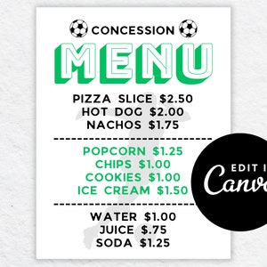 DIY Soccer Concession Stand Menu Price Sheet Canva Editable Template - Etsy