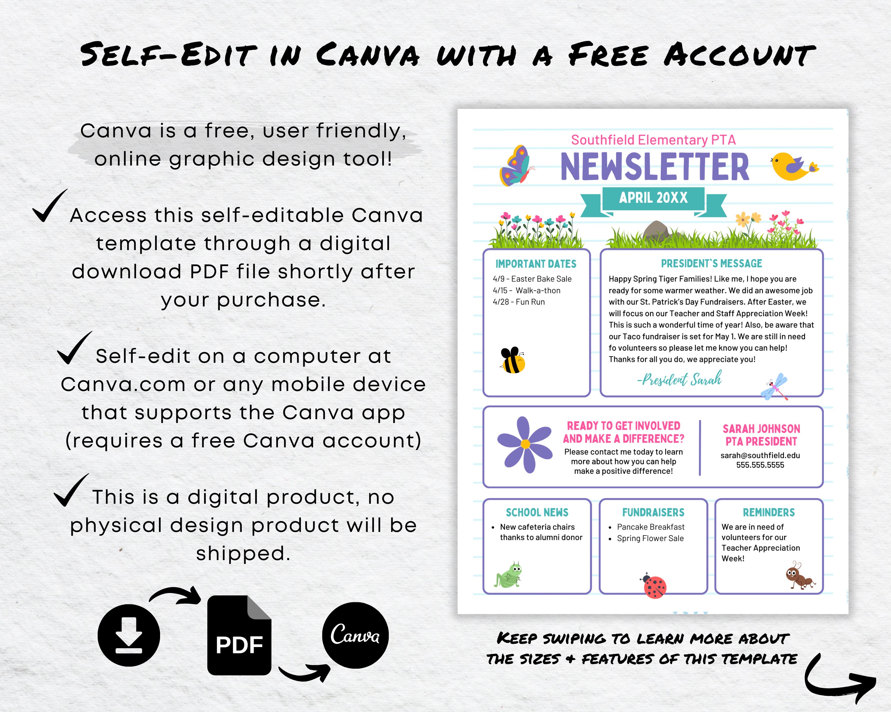 Editable April Newsletter Template, Spring PTO PTA School News, Canva ...