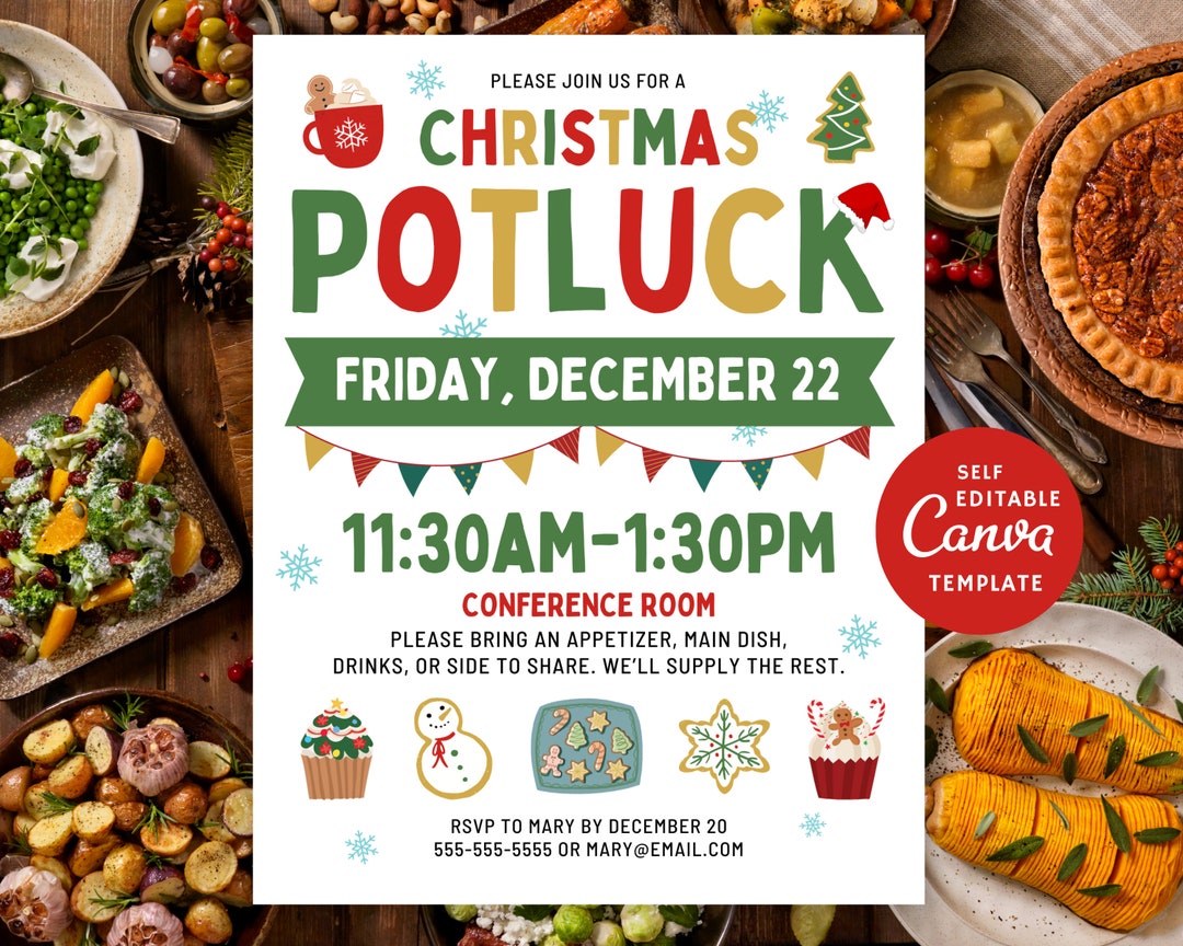 Editable Christmas Potluck Flyer Template, Holiday Potluck Party, Canva ...