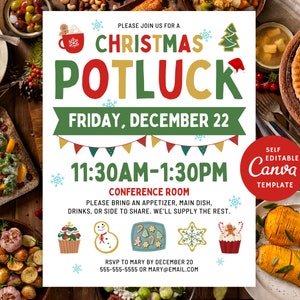 Editable Christmas Potluck Flyer Template, Holiday Party Invite, Canva ...