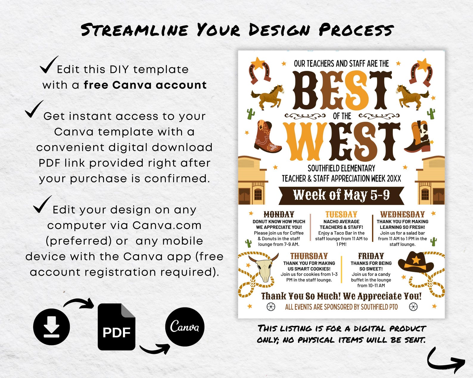 Western Theme Teacher Appreciation Week Itinerary Flyer (canva Template ...