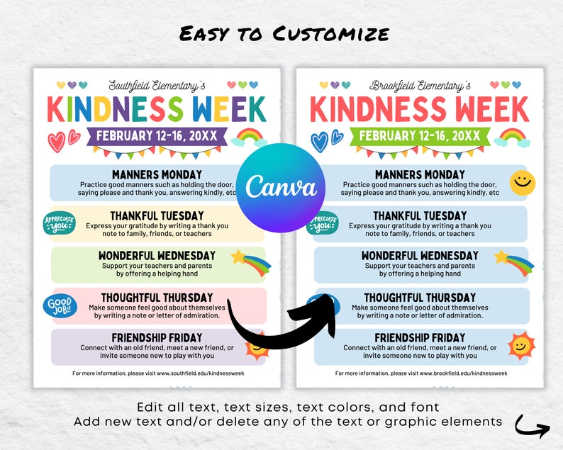 Random Acts of Kindness Flyer, Editable Week Schedule (canva, Digital ...