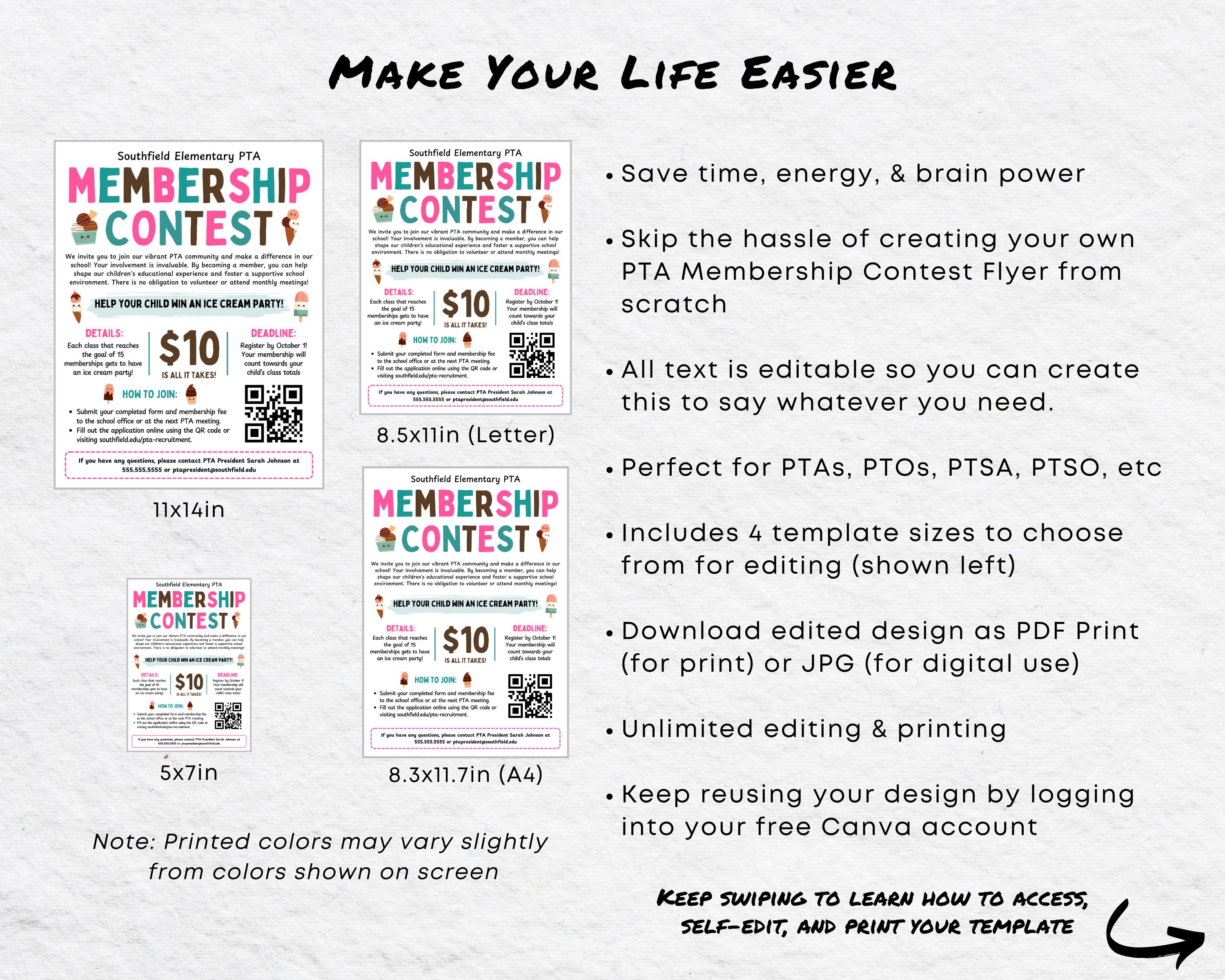 Editable PTA Membership Contest Flyer: Canva Template, School ...