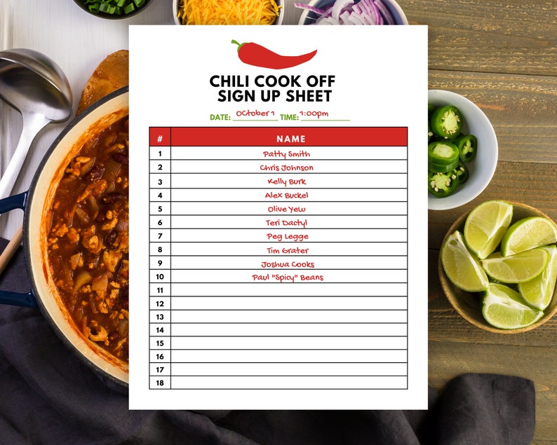 Editable Chili Cook off Sign up Sheet Printable for Community Chili ...