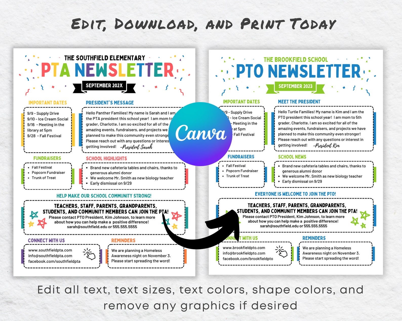PTA Newsletter Editable Template for Highlighting Monthly School ...