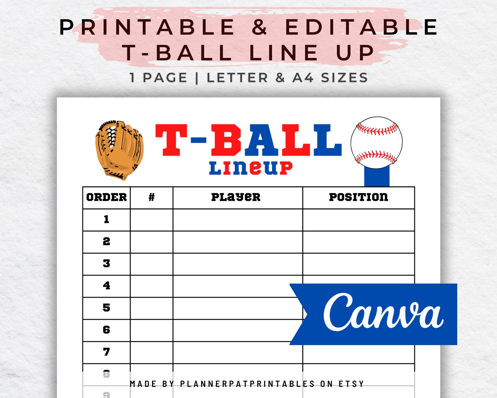 Editable T-ball Line up Sheet Canva Template, Blank Batting Order ...