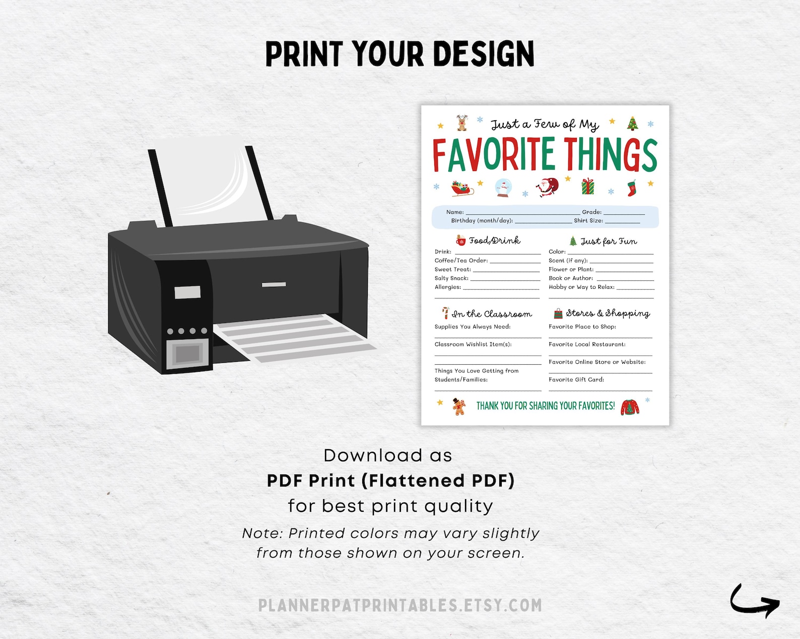 Christmas Teacher Favorite Things List: Editable Gift Questionnaire ...