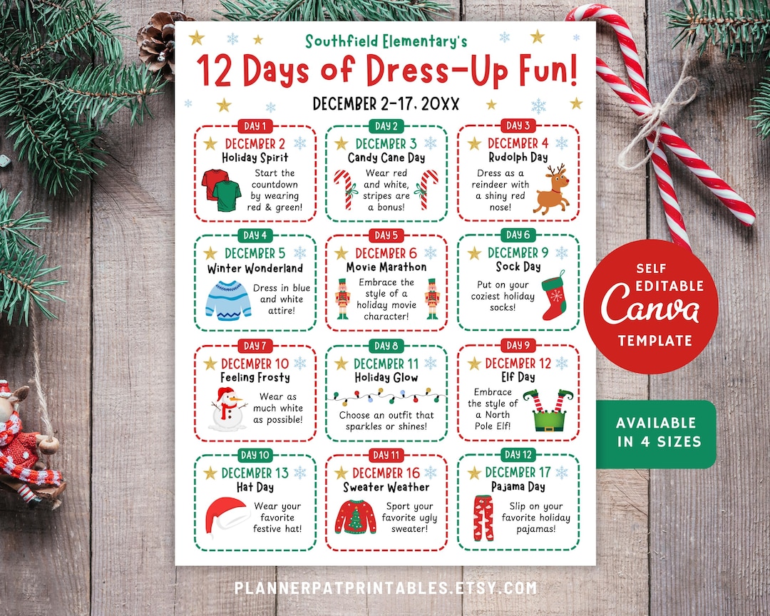 Editable Dress up Days 12 Days of Christmas Itinerary Flyer Canva ...