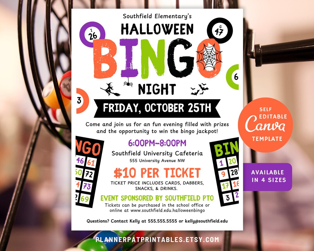 Halloween Bingo Flyer Editable Template, School Bingo Night Invitation ...