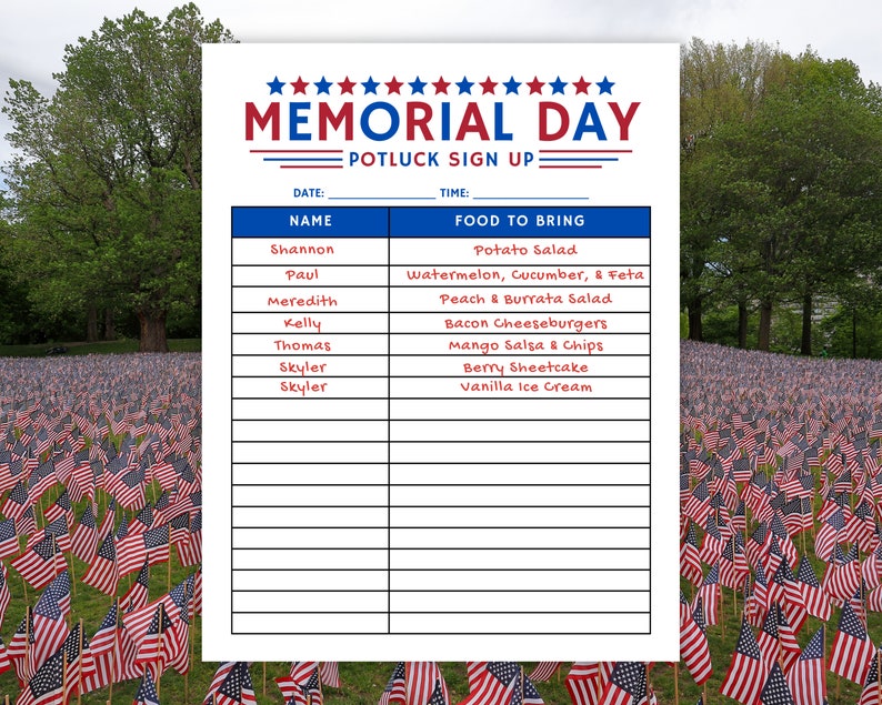 Memorial Day Potluck Sign up Sheet: Canva Template (digital Download ...