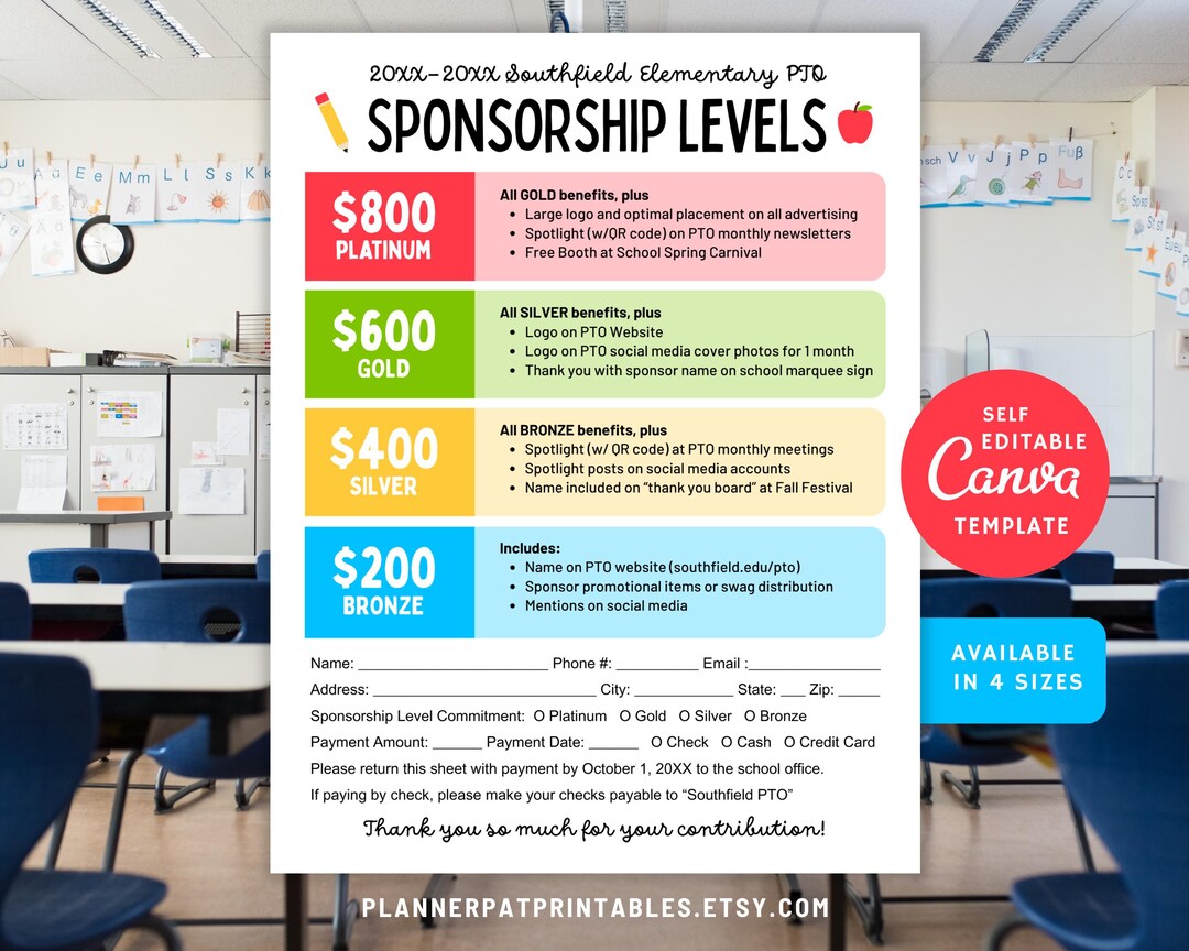 Editable School Sponsorship Levels Flyer: PTA PTO Sponsor Form (canva ...