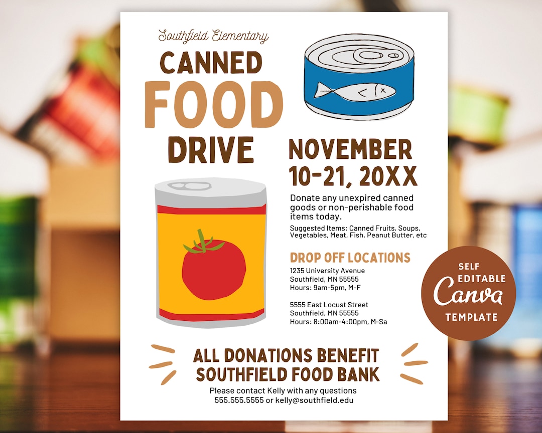 Editable Canned Food Drive Flyer, Charity Food Collection, Canva - Etsy
