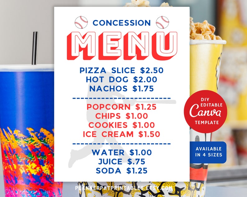 Baseball Concession Stand Menu: Editable Sports Pricing Sign (canva ...