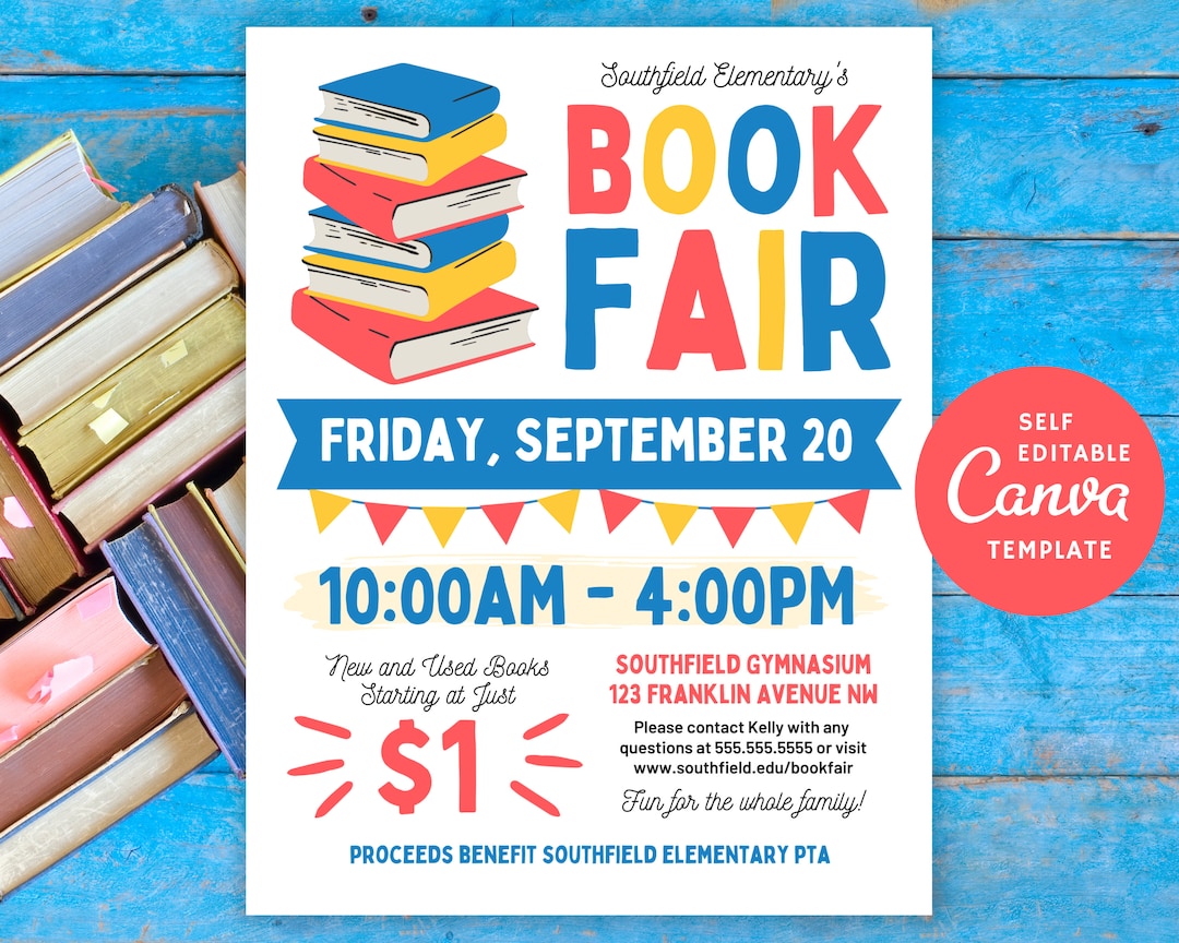 Editable Book Fair Flyer, School Reading Fundraiser Event, Canva ...