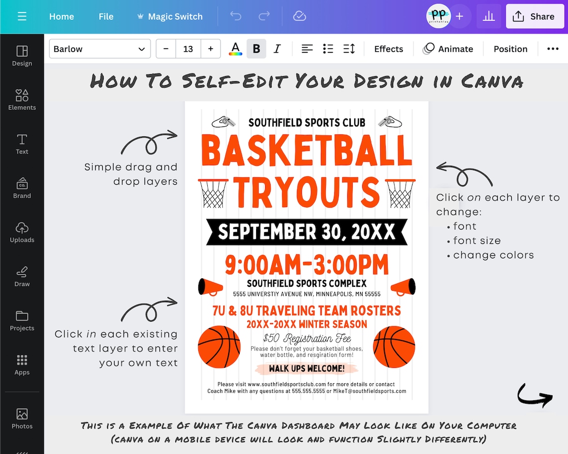 Editable Basketball Tryout Flyer Template, Youth Sports Registration ...