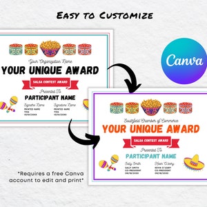 Editable Salsa Award Certificate, Salsa Making Honor, Canva Template - Etsy