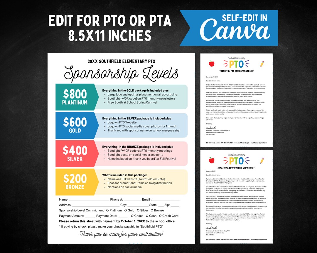 Editable PTA PTO School Sponsorship Package Includes Sponsorship Levels ...