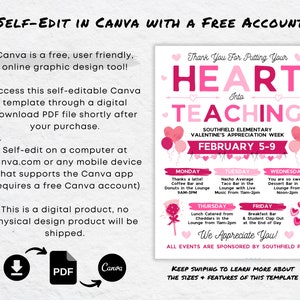 Valentine Teacher Appreciation Week Schedule Flyer (canva Editable) - Etsy