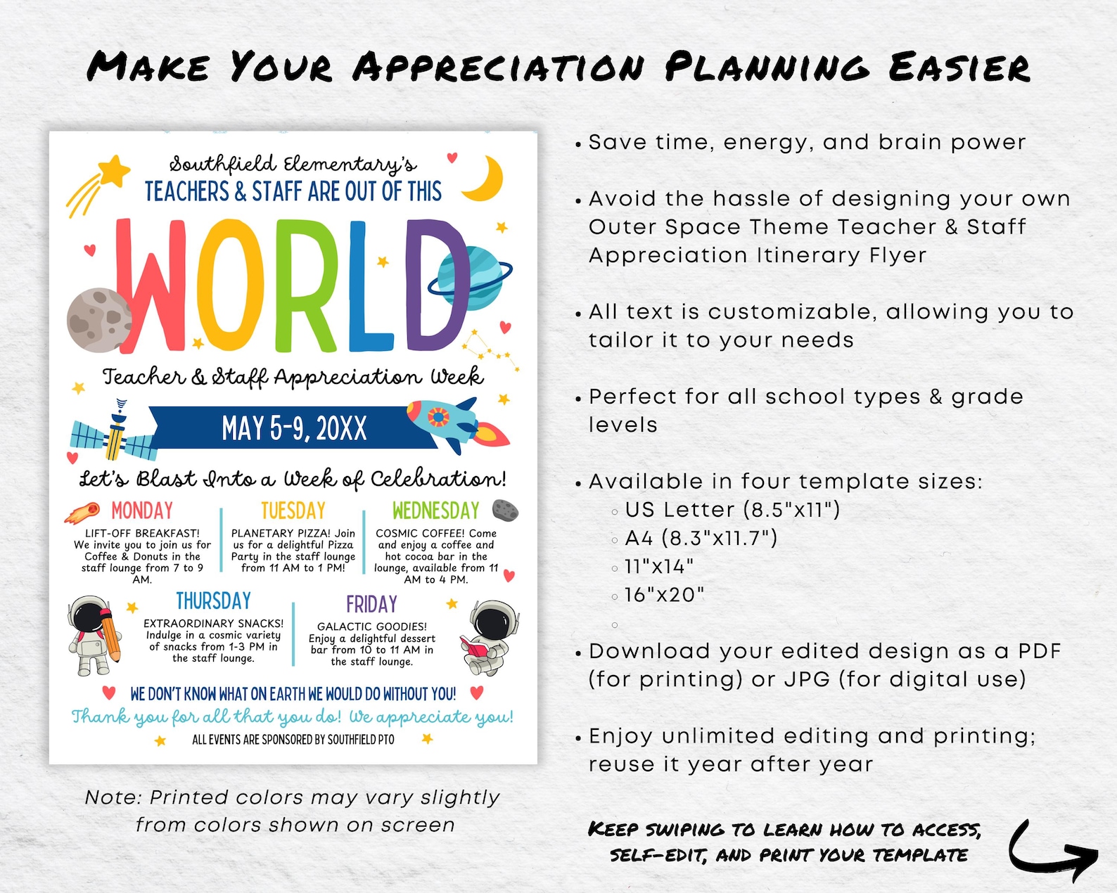 Editable Space Theme Teacher & Staff Appreciation Outer Space Itinerary ...