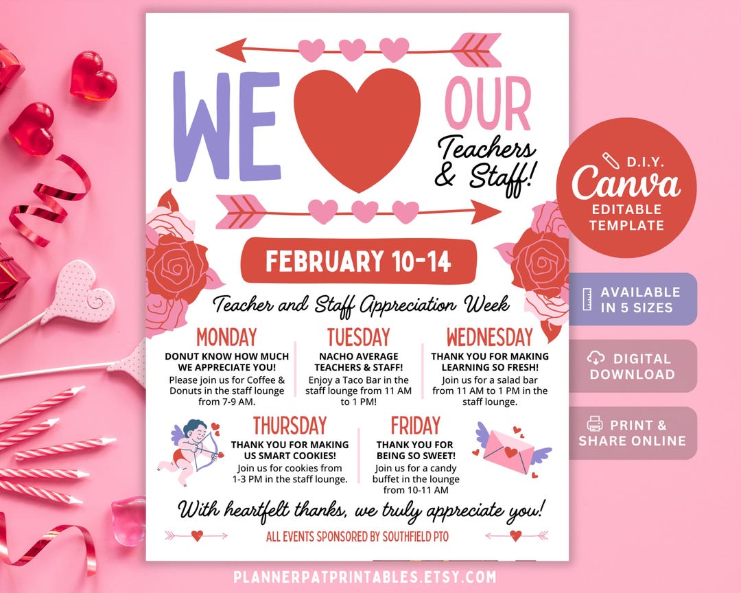 Valentines Teacher & Staff Appreciation Week Schedule Flyer | Editable ...