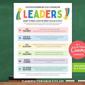 PTO PTA Election Positions Volunteer Board Member Flyer, Canva Editable ...