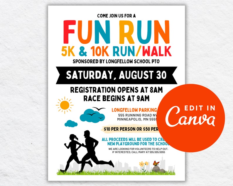 Fun Run Flyer Canva Editable Template 5k 10k Run & Walk Race - Etsy