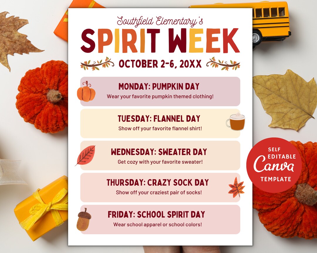 Editable Fall Spirit Week Flyer Itinerary, School Spirit Weekly ...