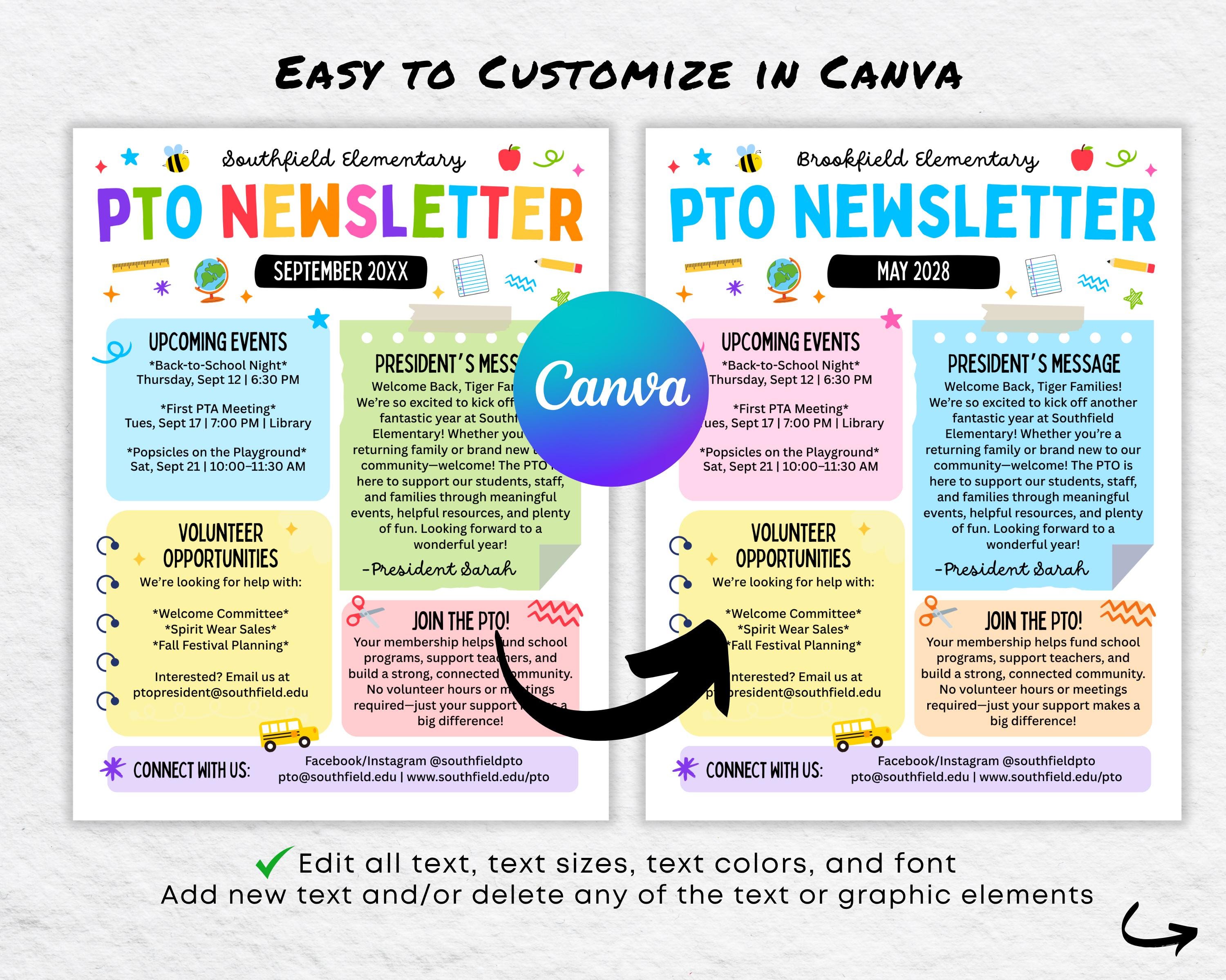 Editable PTO Newsletter Template: Canva PTA School Communication ...