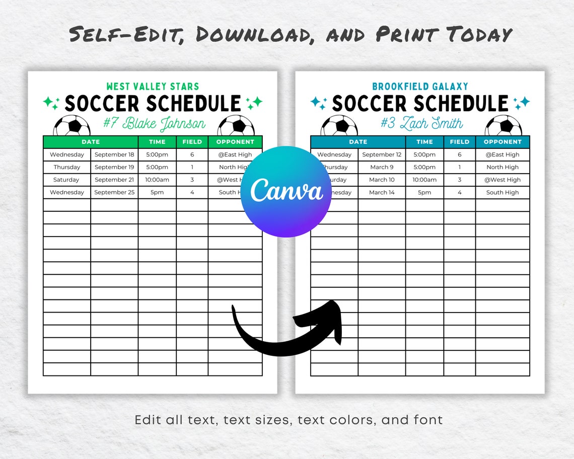Editable Soccer Schedule Template | Canva Soccer Game & Practice ...