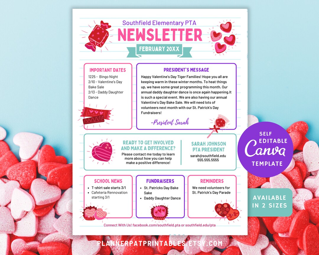 Editable February Newsletter Template, Canva Valentines PTO PTA School ...