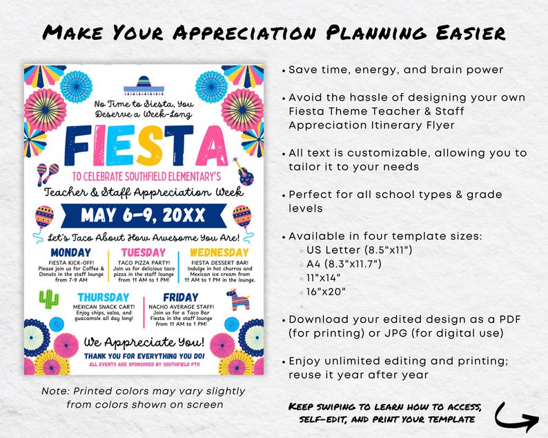 Editable Fiesta Taco Teacher Appreciation Week Itinerary Flyer (canva ...